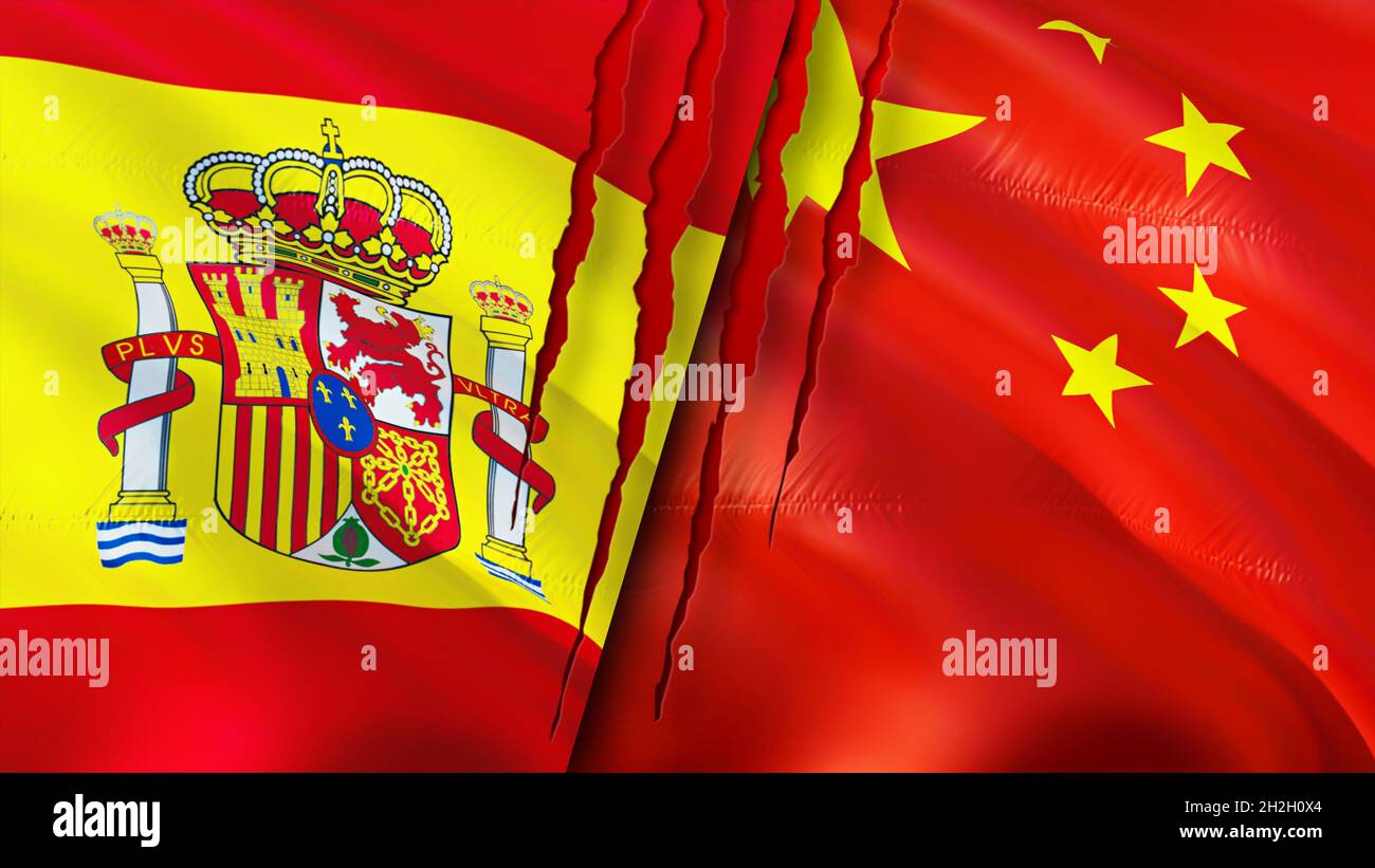 Spain and China flags with scar concept. Waving flag,3D rendering ...