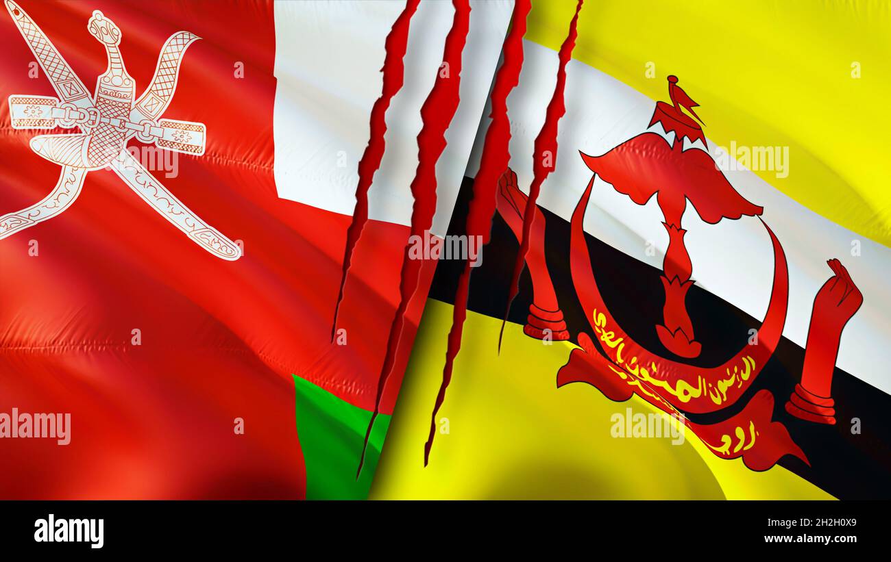 Oman and Brunei flags with scar concept. Waving flag,3D rendering ...