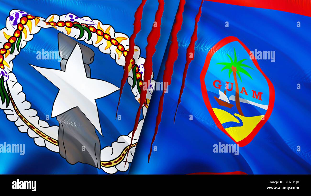 Mariana Islands and Guam flags with scar concept. Waving flag,3D ...