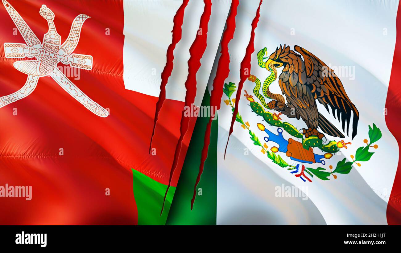 Oman and Mexico flags with scar concept. Waving flag,3D rendering ...