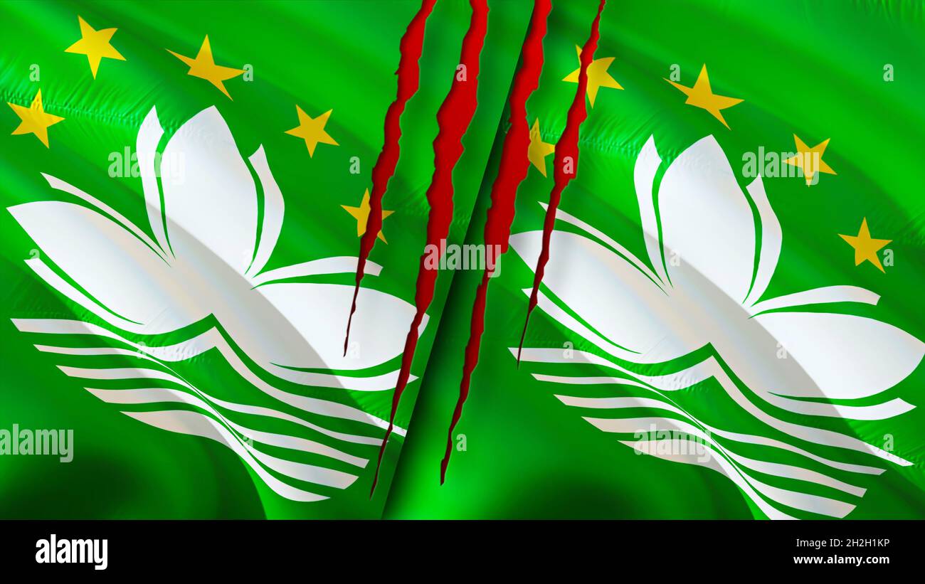 Macau and Macau flags with scar concept. Waving flag,3D rendering ...