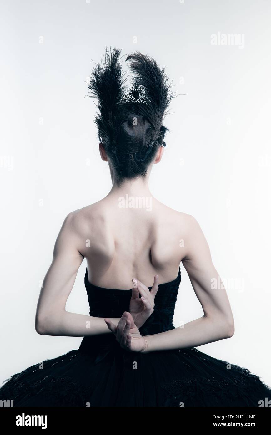 Back view of young ballerina wearing black tutu, stage dress posing ...