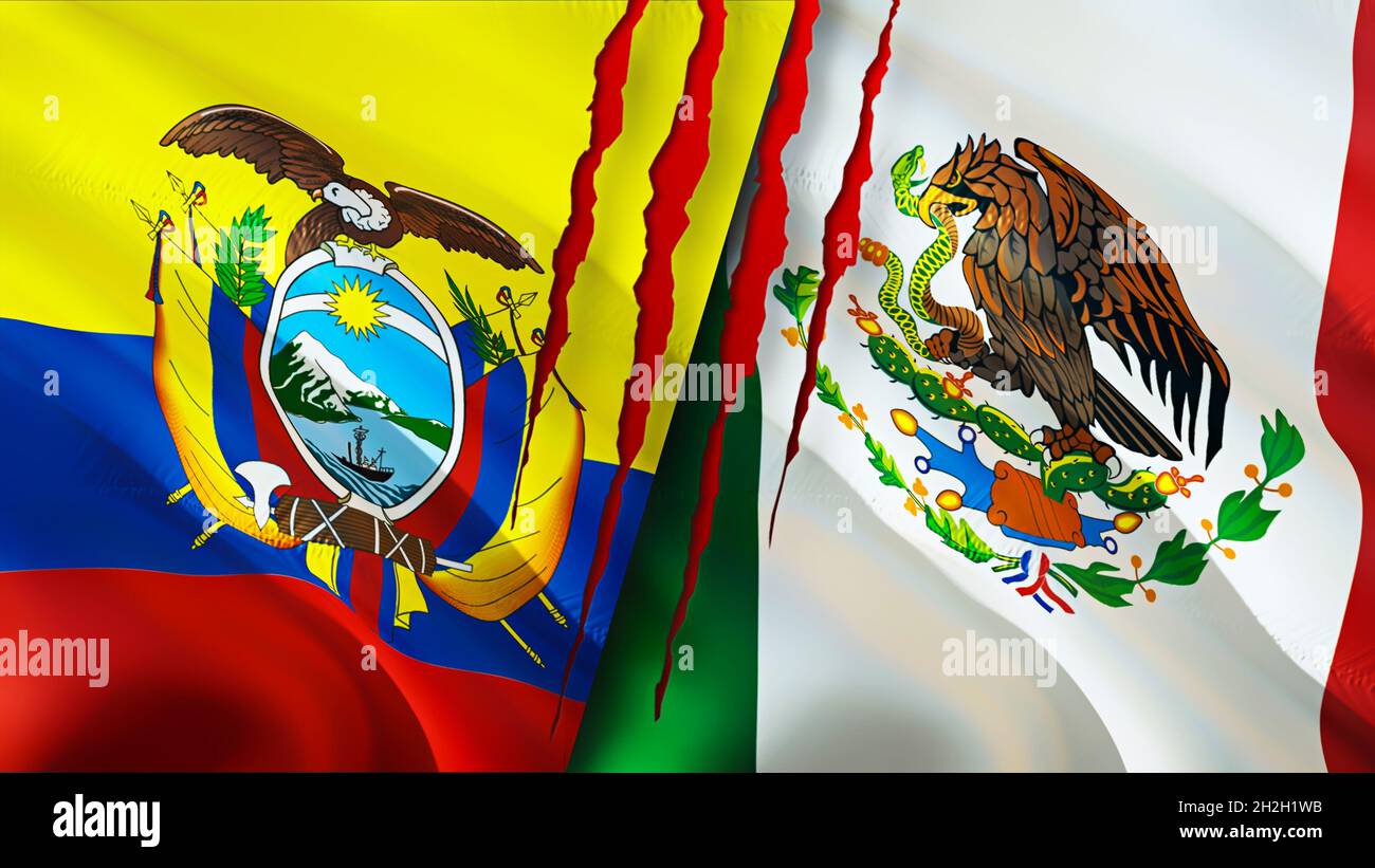 Ecuador and Mexico flags with scar concept. Waving flag 3D rendering ...