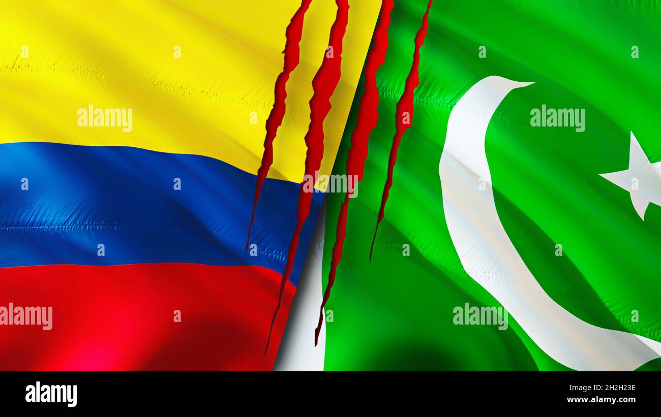 Colombia and Pakistan flags with scar concept. Waving flag 3D rendering ...