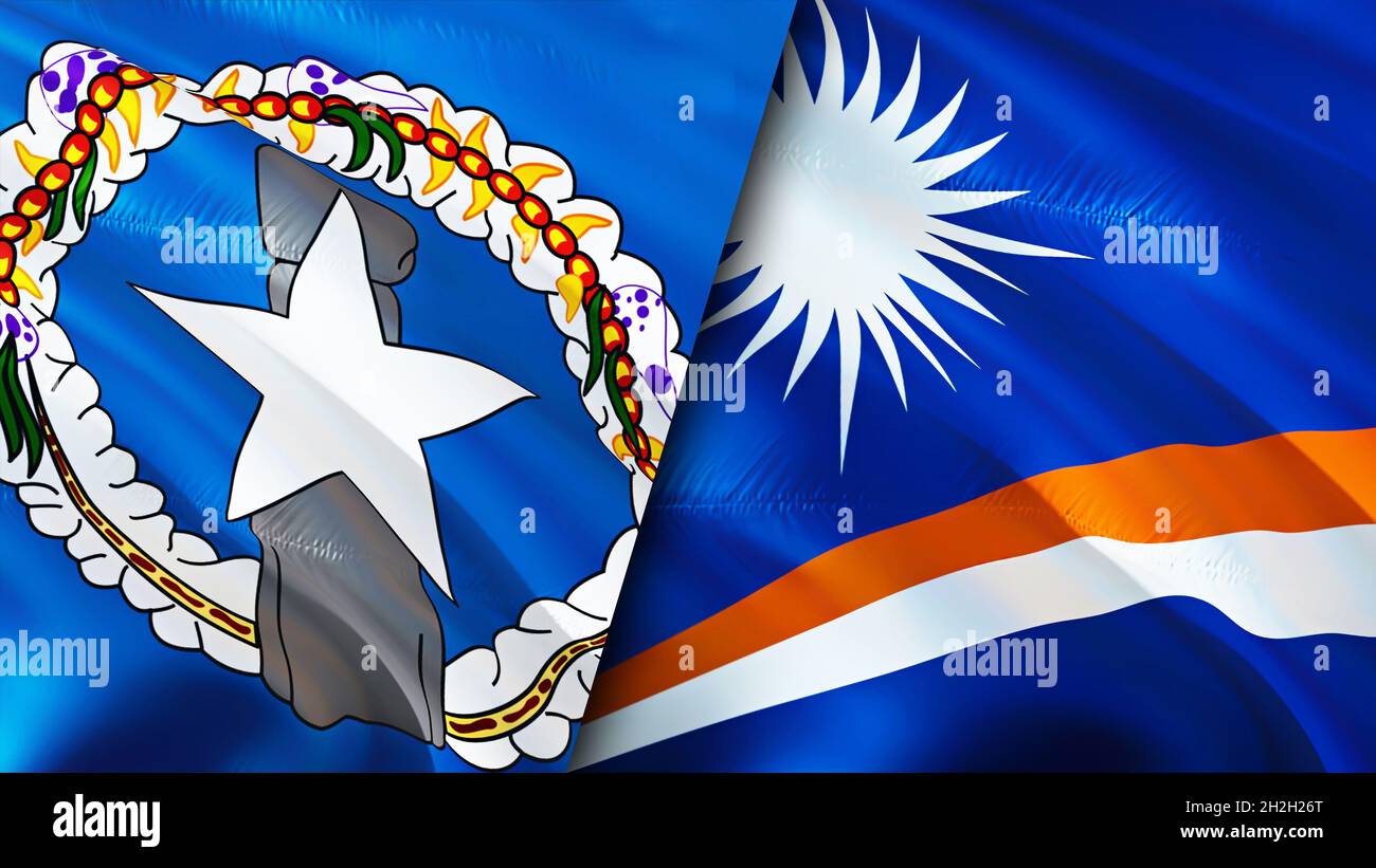 Mariana Islands and Marshall Islands flags. 3D Waving flag design ...