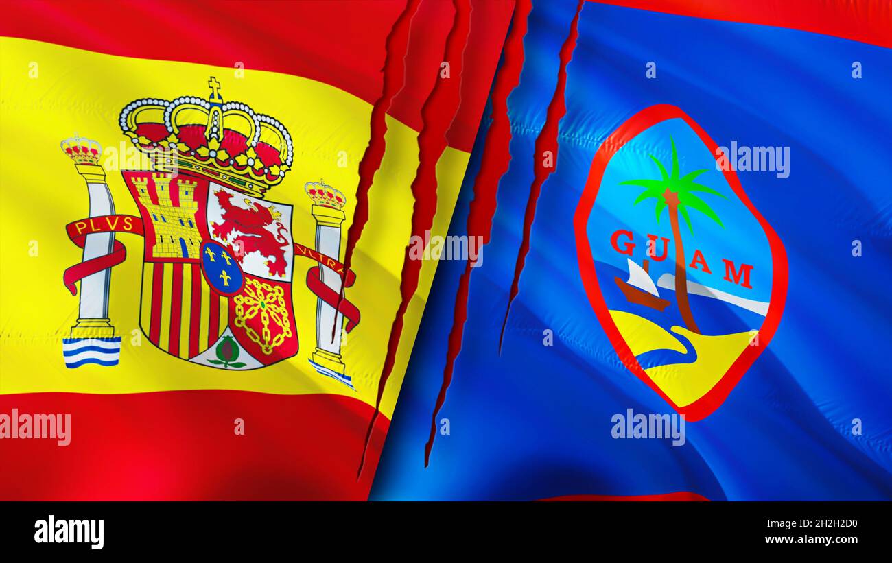 Spain and Guam flags with scar concept. Waving flag,3D rendering. Spain ...