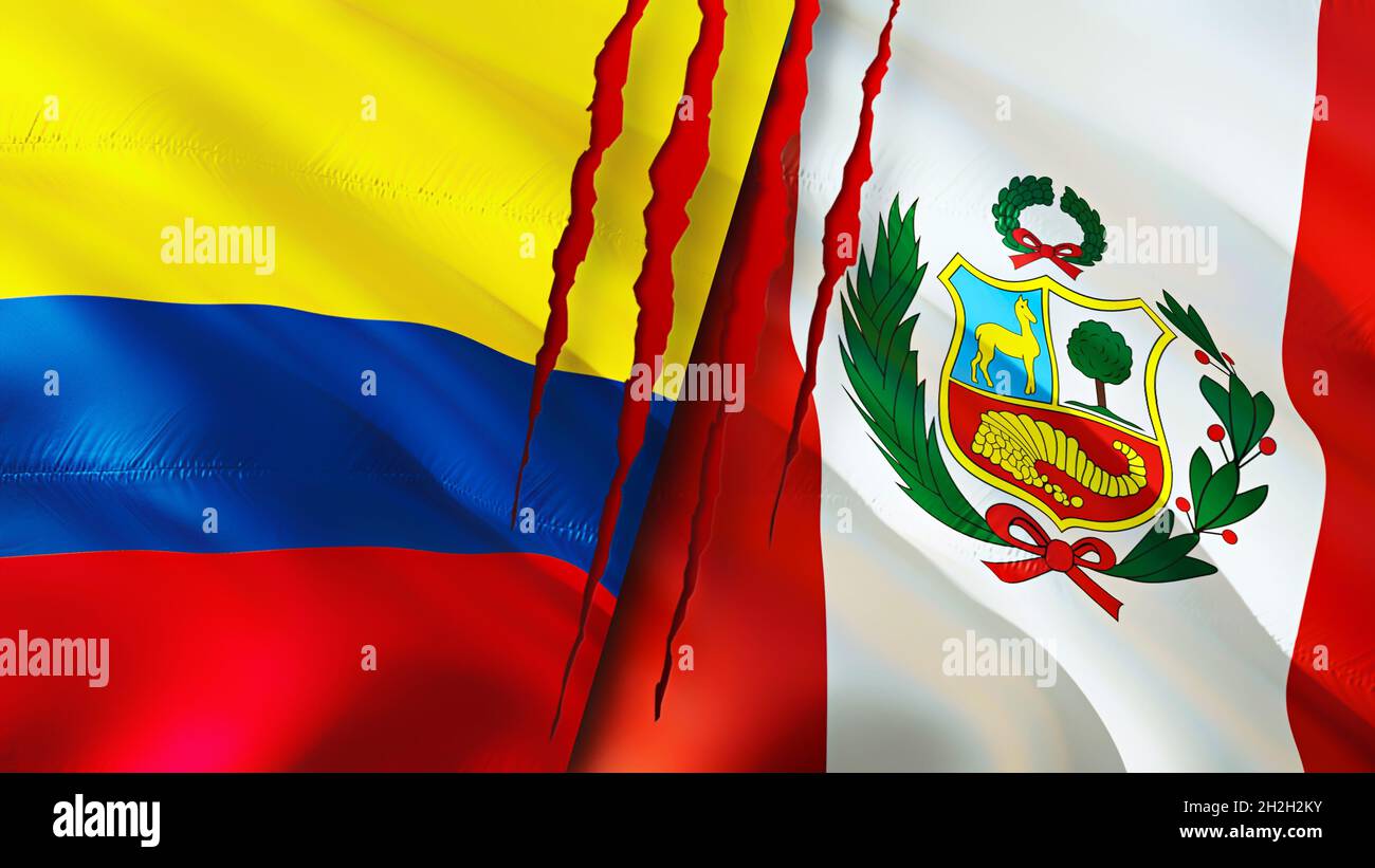 Colombia and Peru flags with scar concept. Waving flag 3D rendering ...