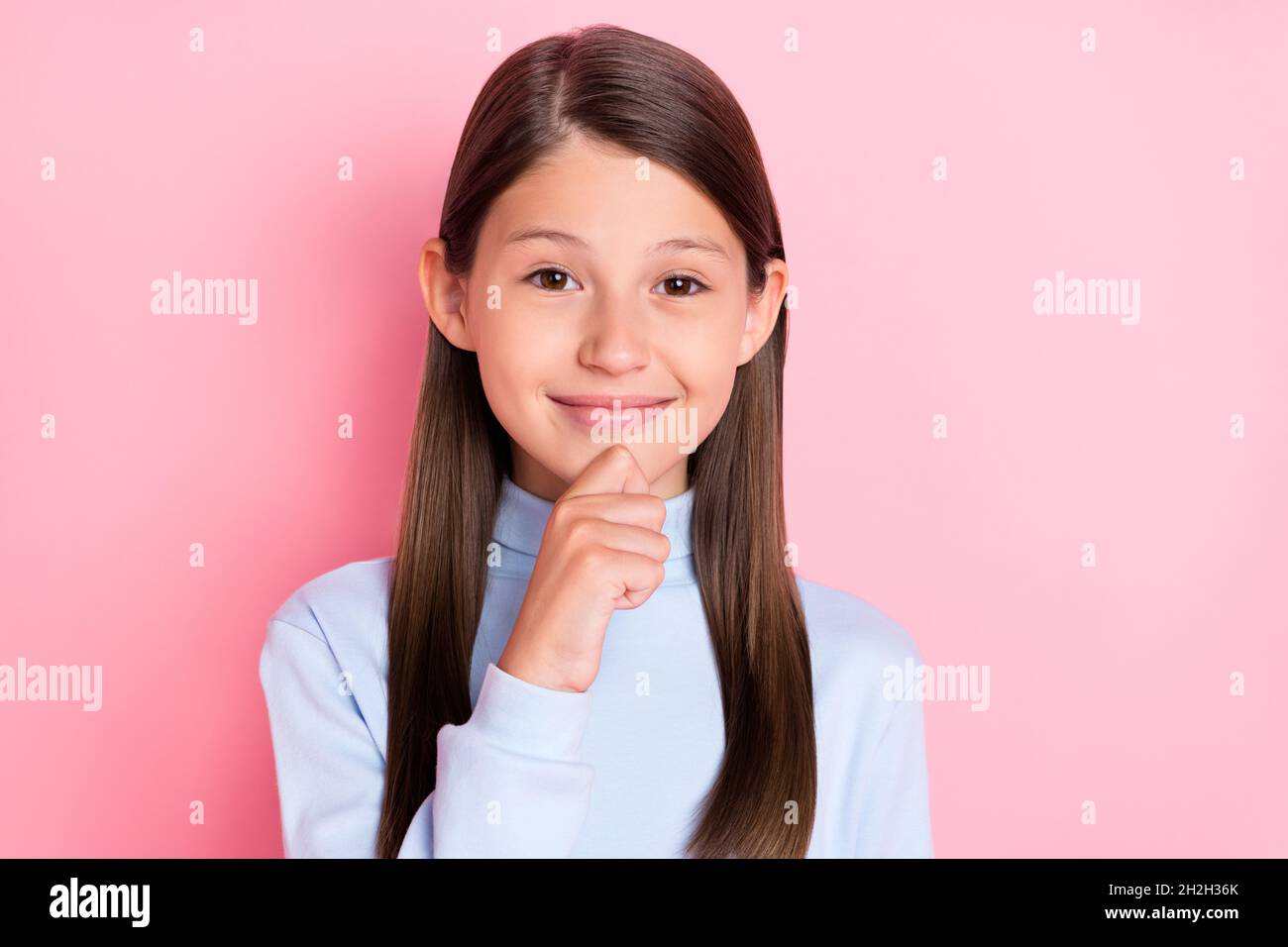 Portrait of attractive minded smart cheerful girl making decision ...