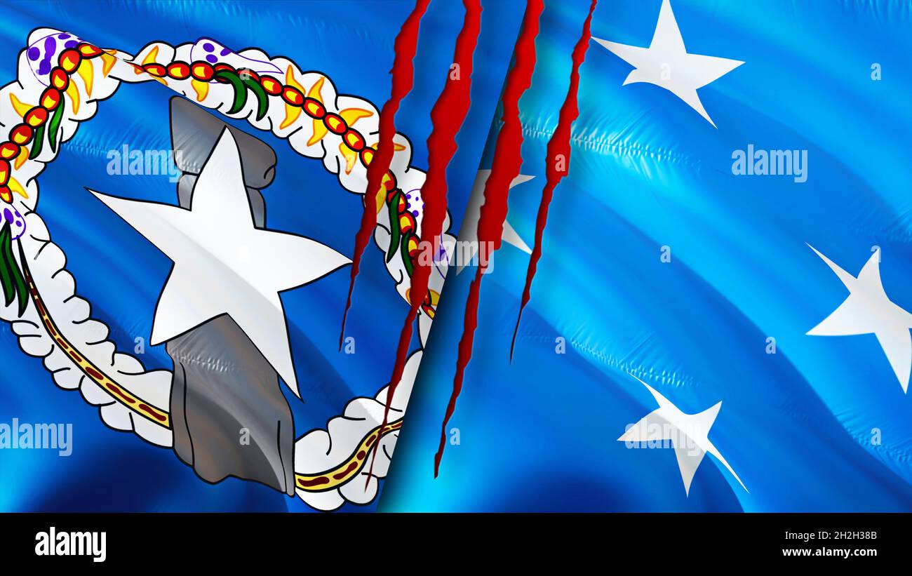 Mariana Islands and Micronesia flags with scar concept. Waving flag,3D ...