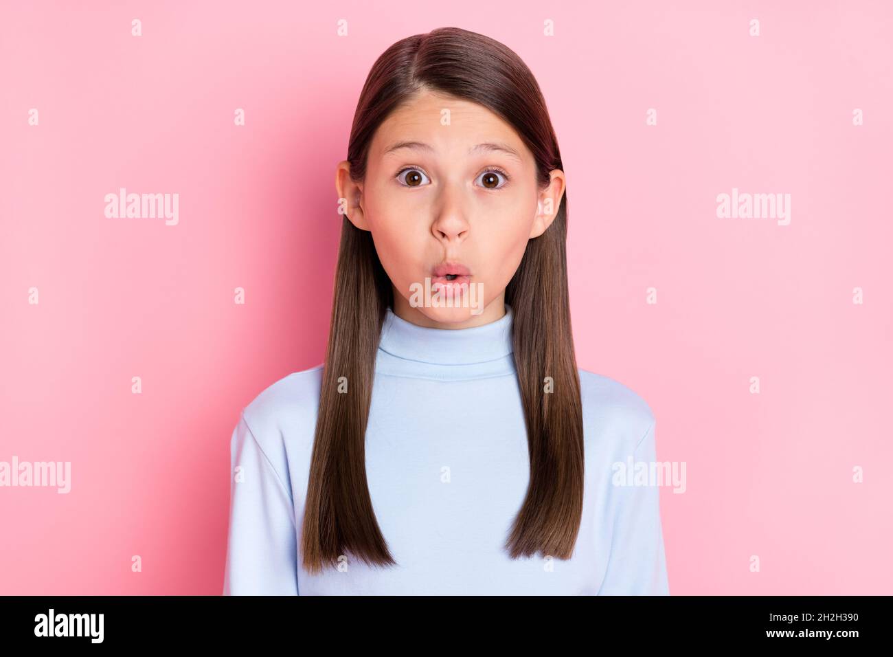 Portrait of attractive amazed cheerful funny girl sudden news reaction ...