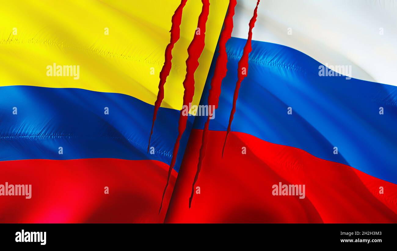 Colombia and Russia flags with scar concept. Waving flag 3D rendering ...