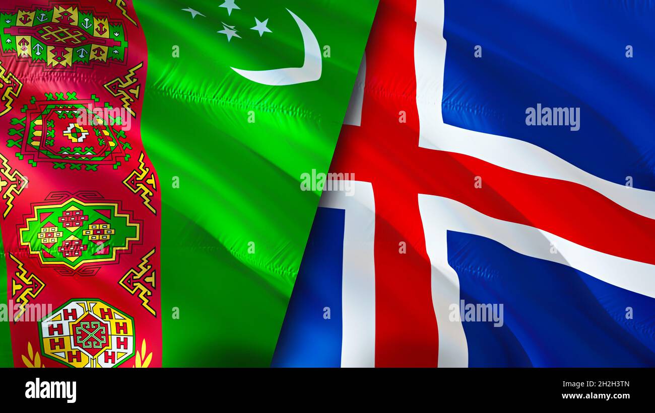 Turkmenistan and Iceland flags. 3D Waving flag design. Turkmenistan ...