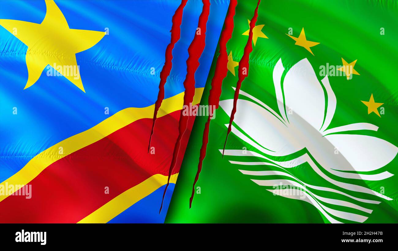 DR Congo and Macau flags with scar concept. Waving flag,3D rendering ...