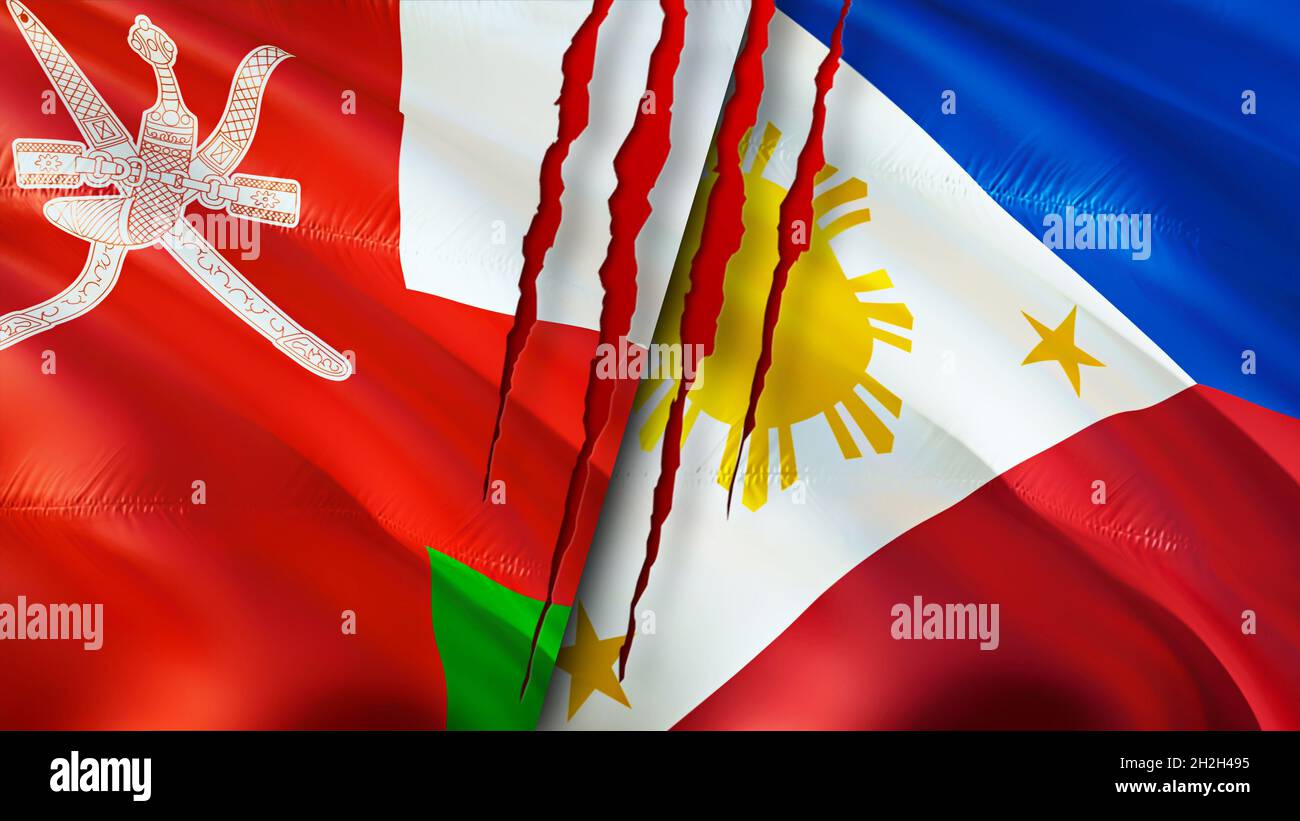 Oman and Philippines flags with scar concept. Waving flag,3D rendering ...