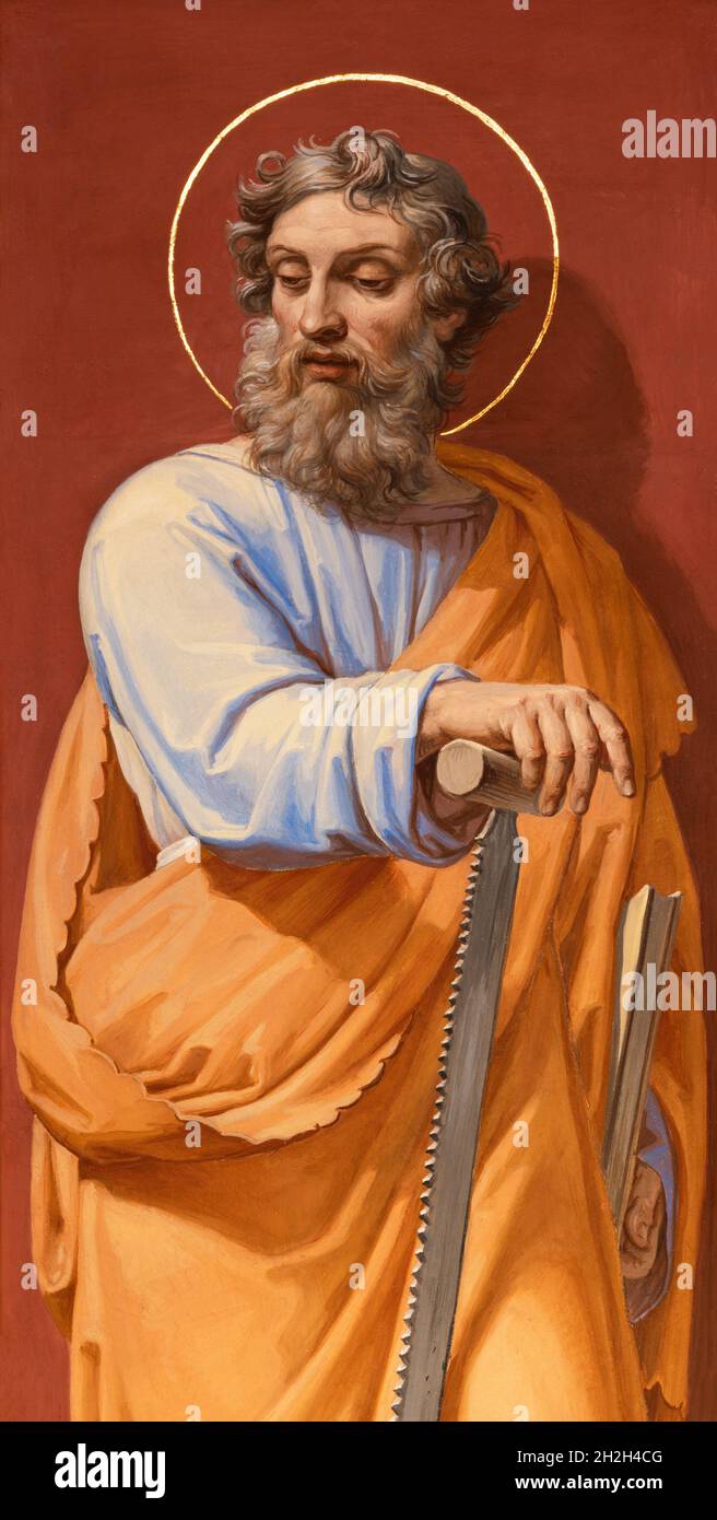 ROME, ITALY - AUGUST 28, 2021: The fresco of apostle St. Simon in the ...