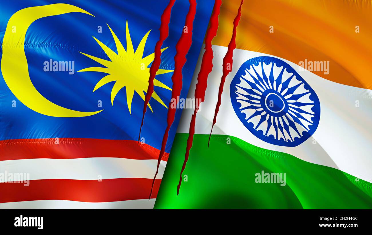 Malaysia and India flags with scar concept. Waving flag,3D rendering ...