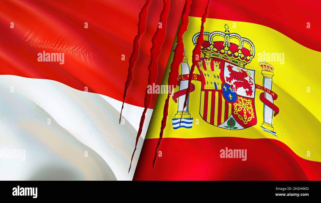 Indonesia and Spain flags with scar concept. Waving flag,3D rendering ...