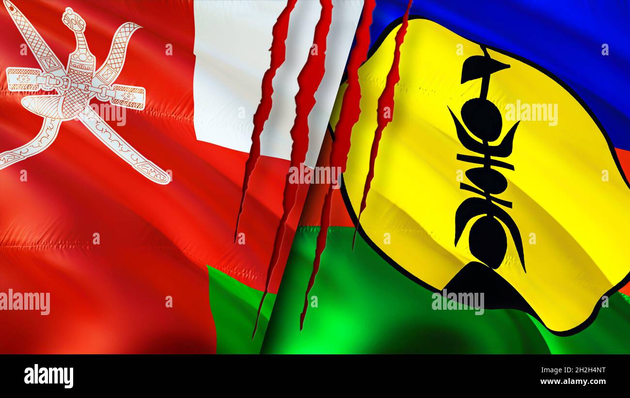 Oman and New Caledonia flags with scar concept. Waving flag,3D ...