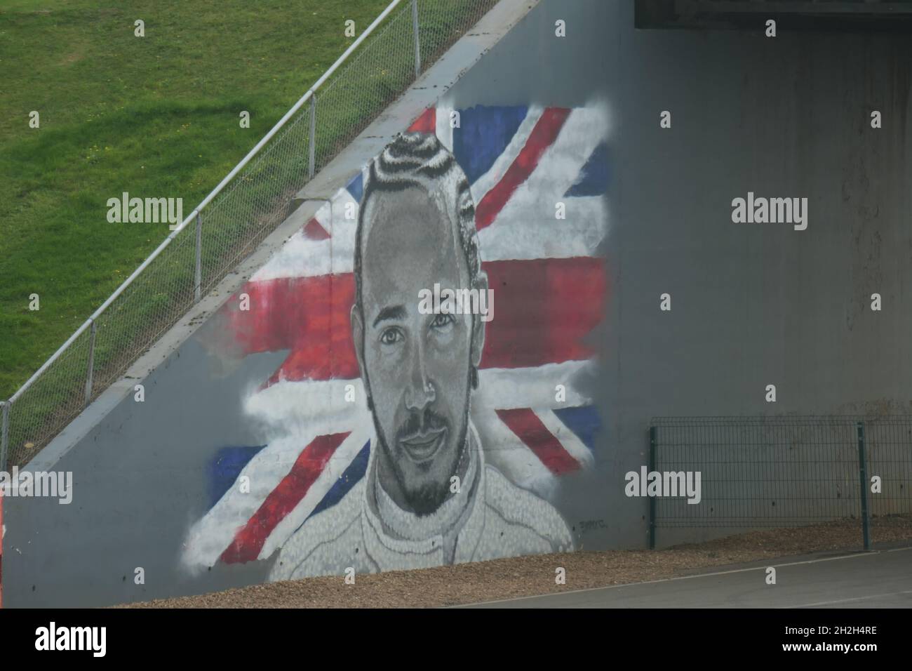 Lewis Hamilton poster on a bridge at the Silverstone museum ...