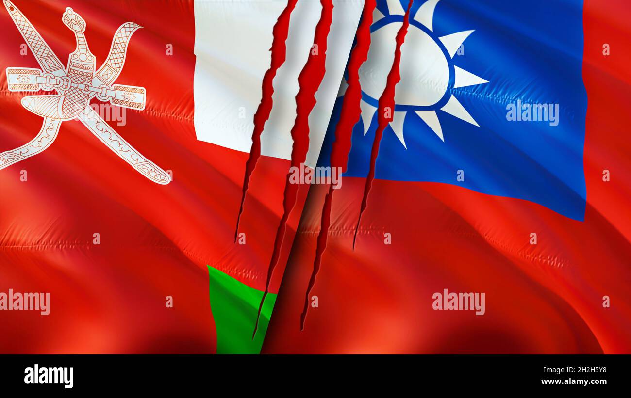 Oman and Taiwan flags with scar concept. Waving flag,3D rendering ...