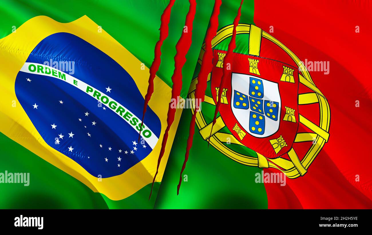 Brazil and Portugal flags with scar concept. Waving flag 3D rendering ...