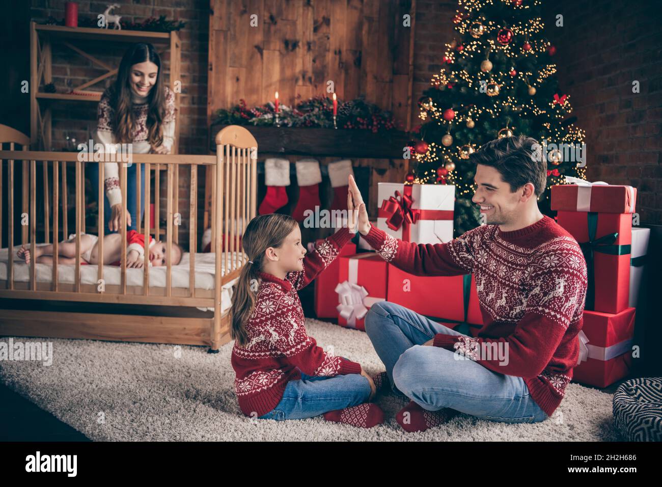 Portrait of beautiful cheerful family playing having fun rest festal ...