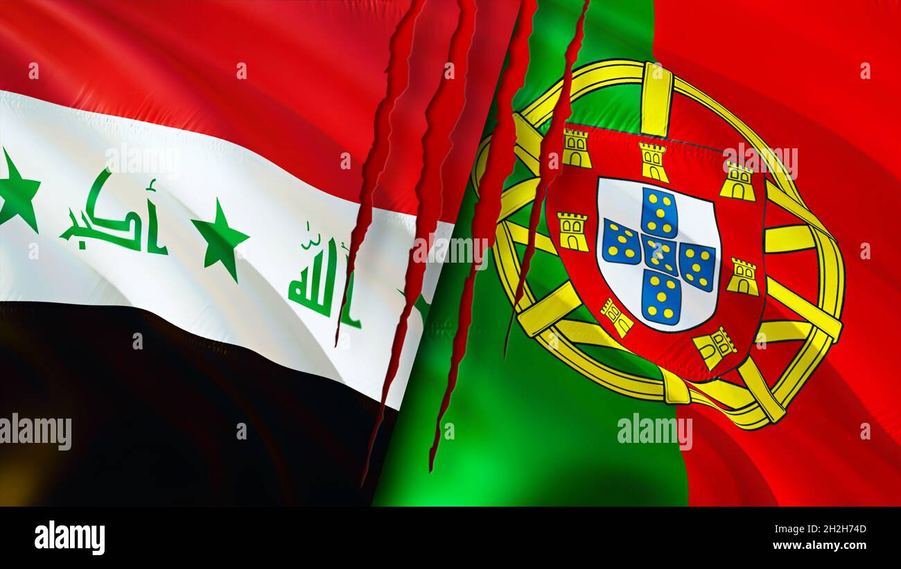 Iraq and Portugal flags with scar concept. Waving flag,3D rendering ...