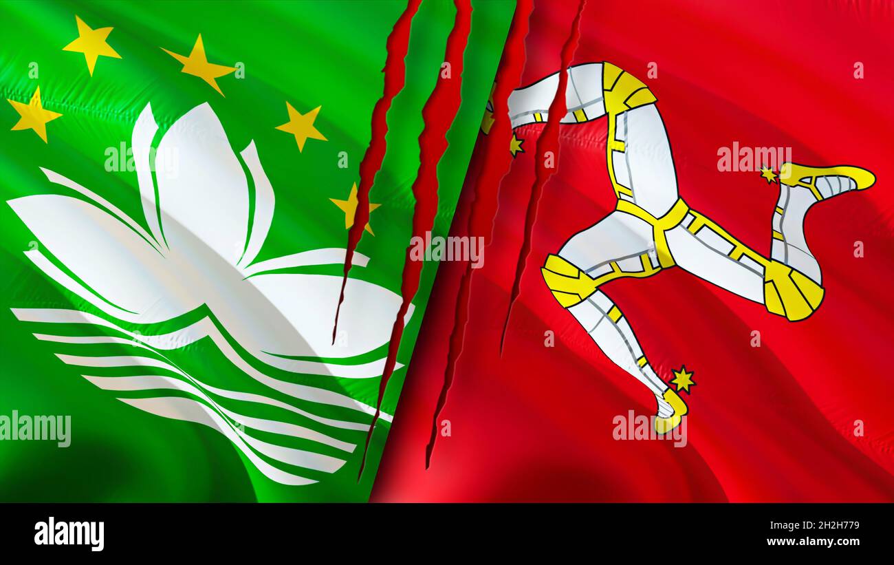 Macau and Isle of Man flags with scar concept. Waving flag,3D rendering ...