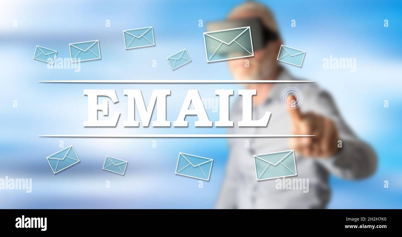 Man with vr headset touching an e-mail concept on a touch screen with ...