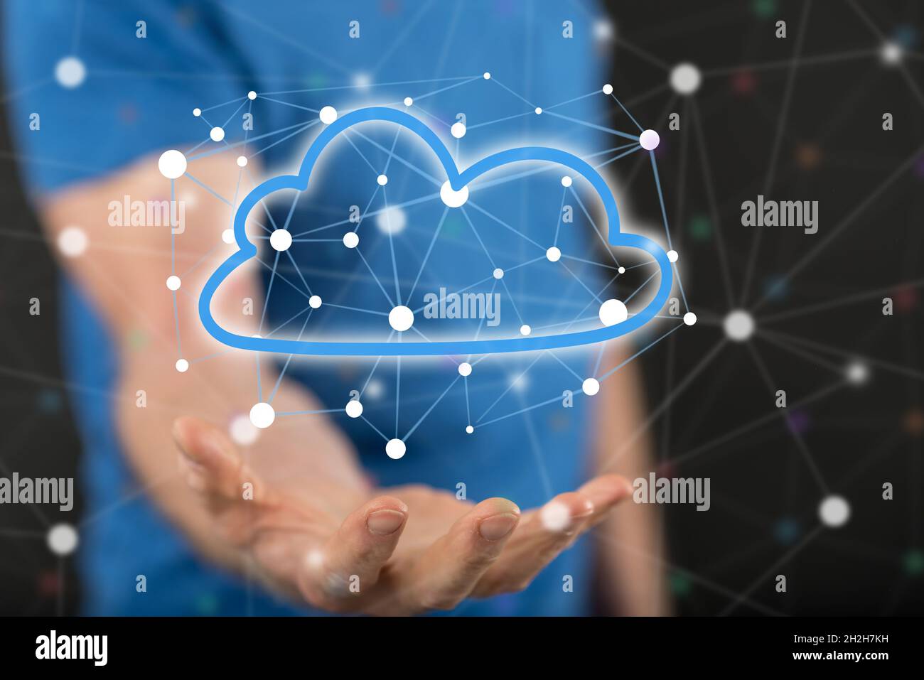 Cloud networking concept above the hand of a man in background Stock ...