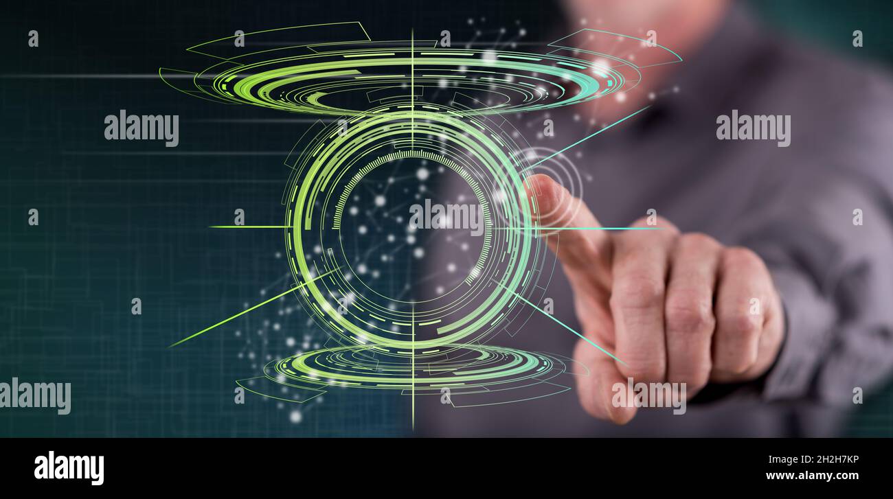 Man touching a technology concept on a touch screen with his finger ...