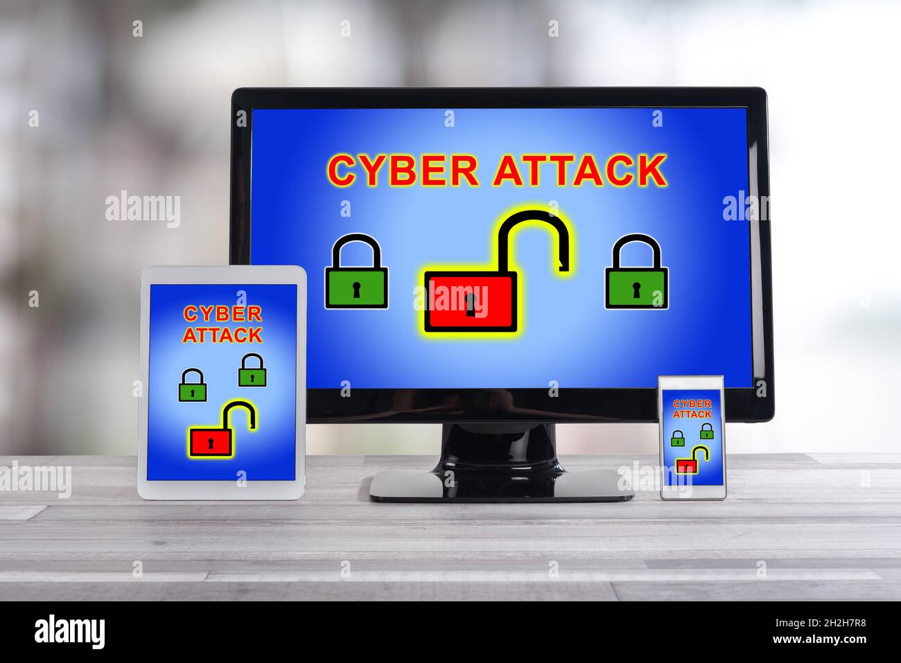 Cyber attack concept shown on different information technology devices ...