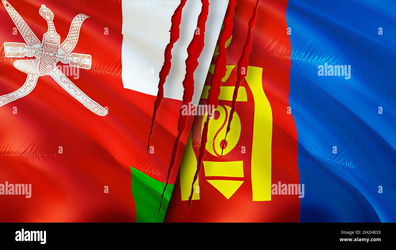 Oman and Mongolia flags with scar concept. Waving flag,3D rendering ...