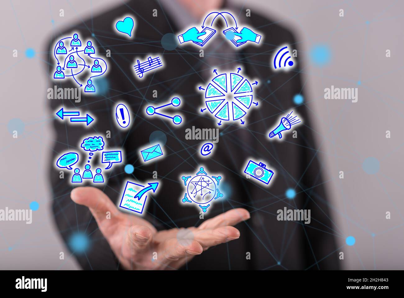 Share concept above the hand of a man in background Stock Photo - Alamy