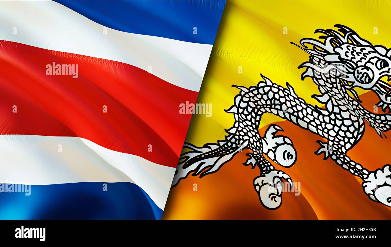 Costa Rica and Bhutan flags. 3D Waving flag design. Costa Rica Bhutan ...