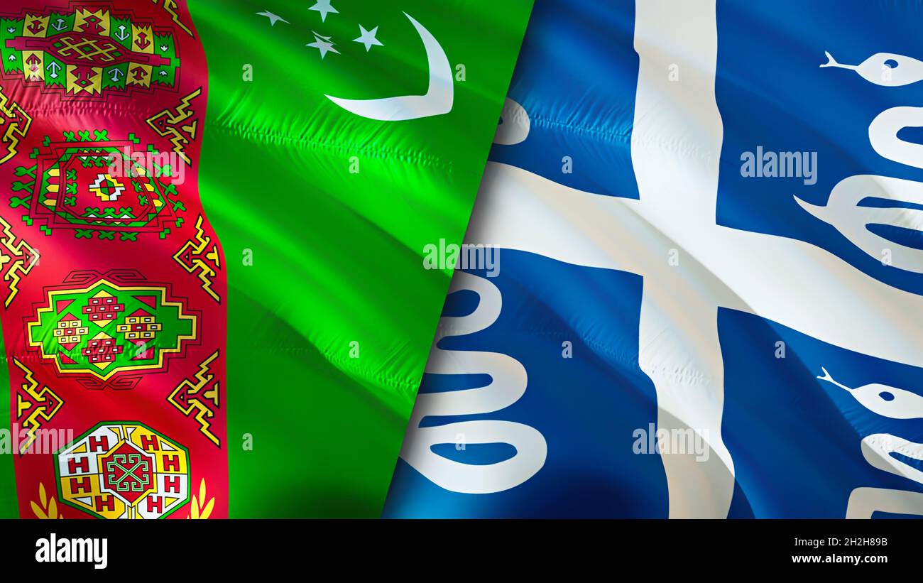 Turkmenistan and Martinique flags. 3D Waving flag design. Turkmenistan ...