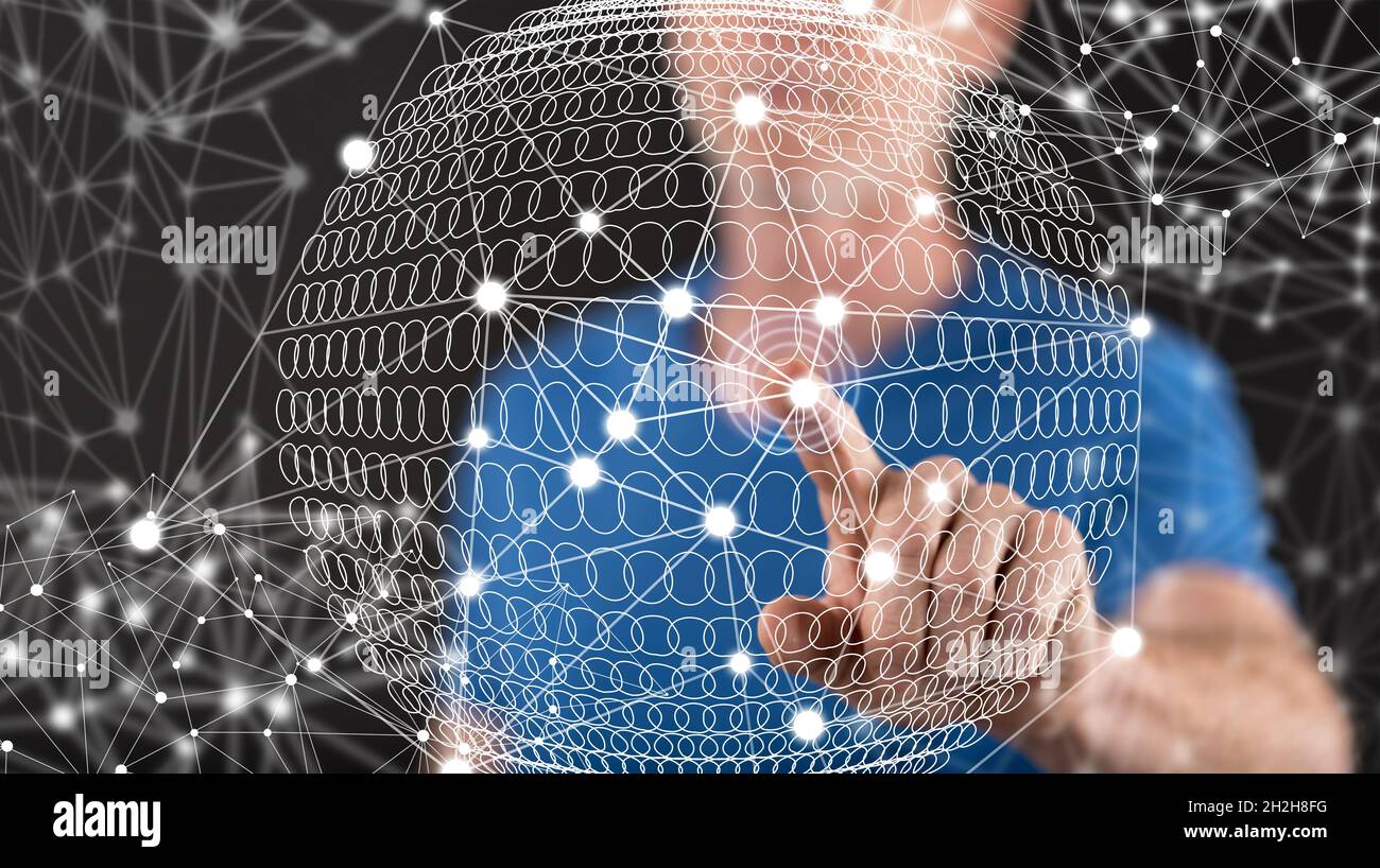 Man touching a global connection concept on a touch screen with his ...