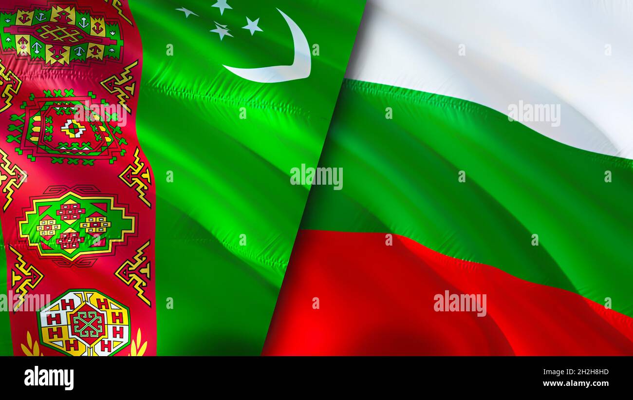 Turkmenistan and Bulgaria flags. 3D Waving flag design. Turkmenistan ...