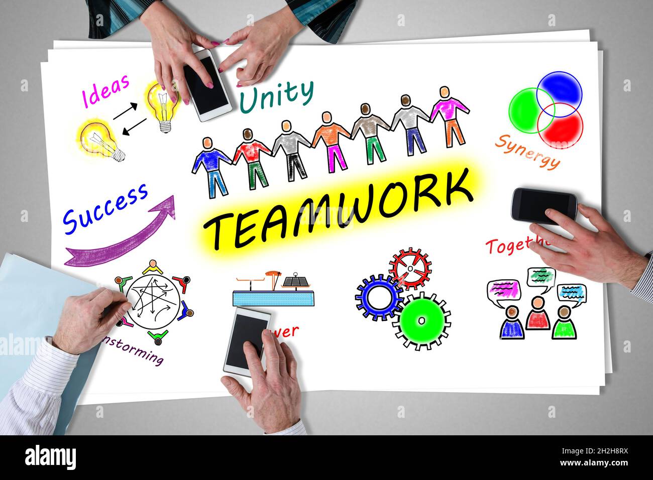 Teamwork concept placed on a desk with hands using smartphones Stock ...