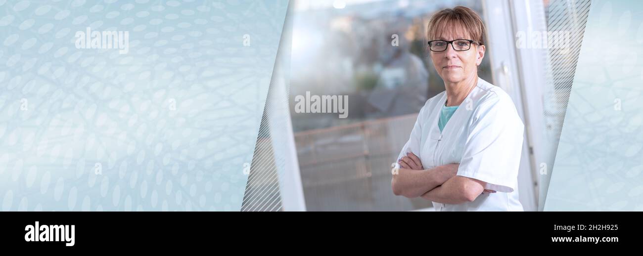 Portrait of female doctor with arms crossed; panoramic banner Stock ...