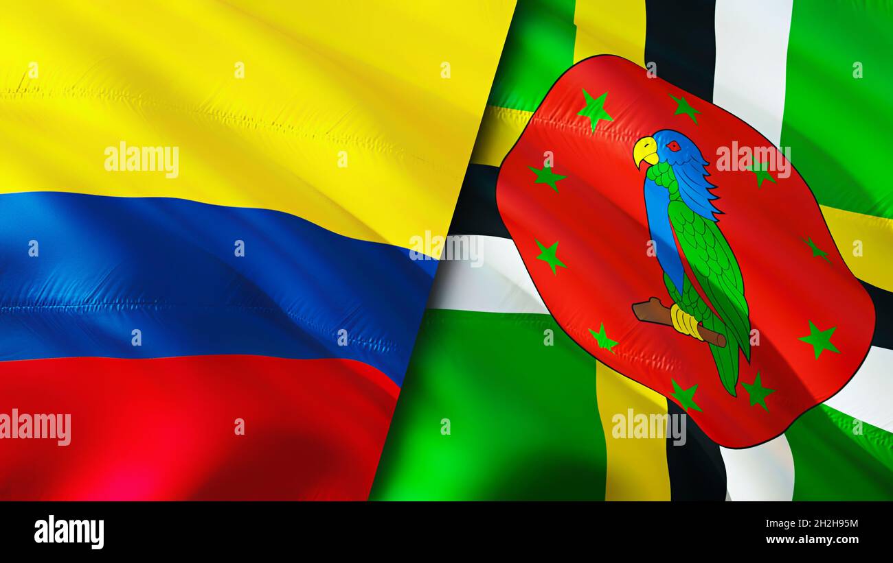 Colombia and Dominica flags. 3D Waving flag design. Colombia Dominica ...