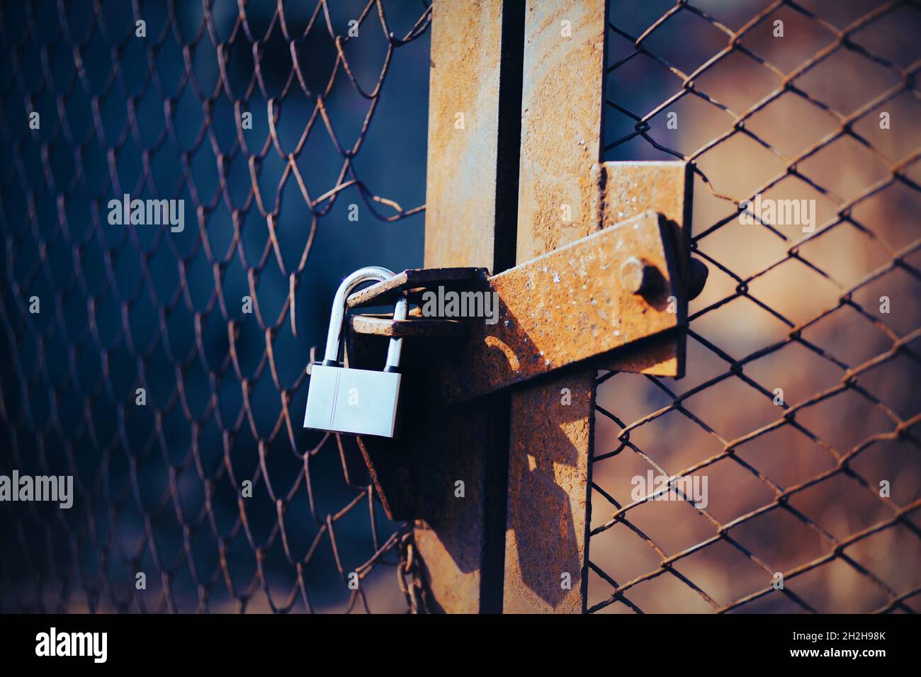 A rusty old gate with a torn metal grid is closed by a strong padlock ...