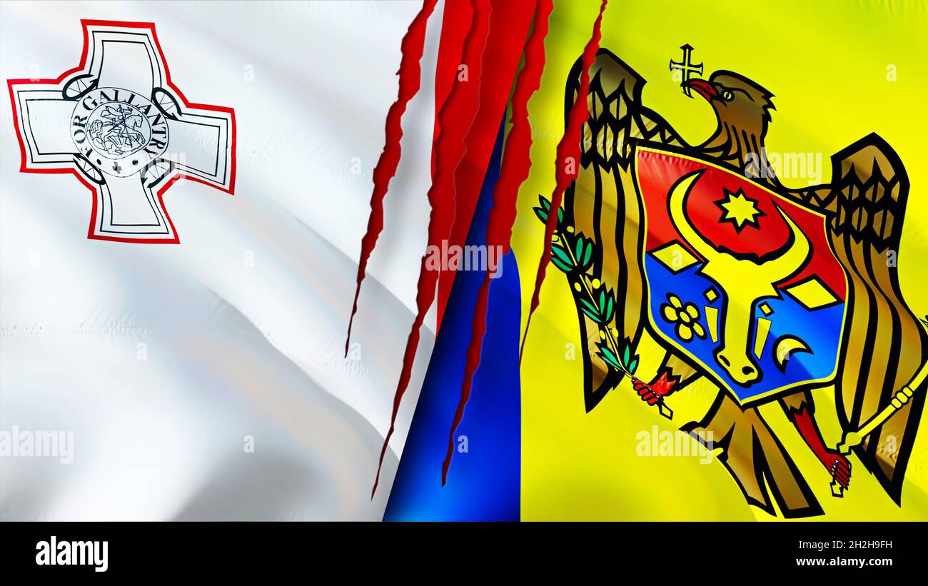 Malta and Moldova flags with scar concept. Waving flag,3D rendering ...