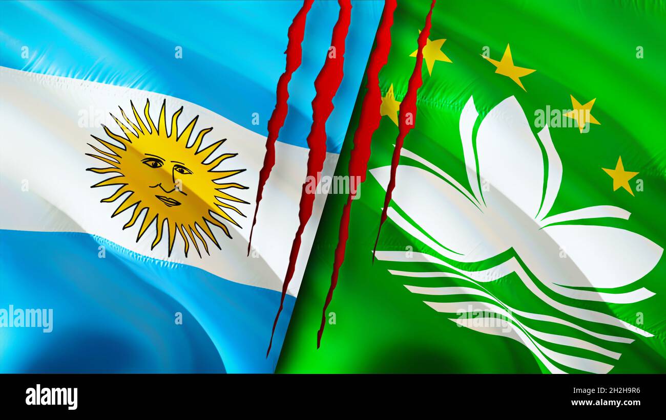 Argentina and Macau flags with scar concept. Waving flag 3D rendering ...