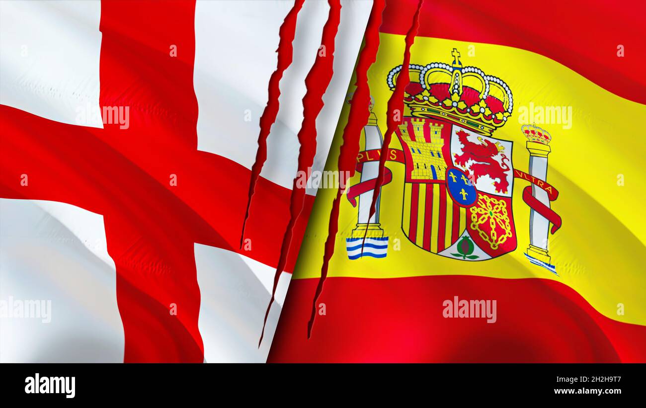 England and Spain flags with scar concept. Waving flag,3D rendering ...