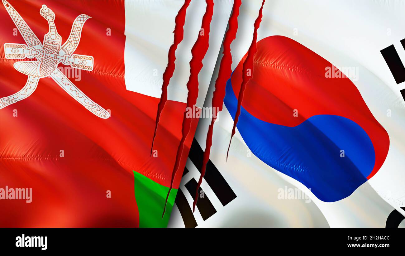 Oman and South Korea flags with scar concept. Waving flag,3D rendering ...