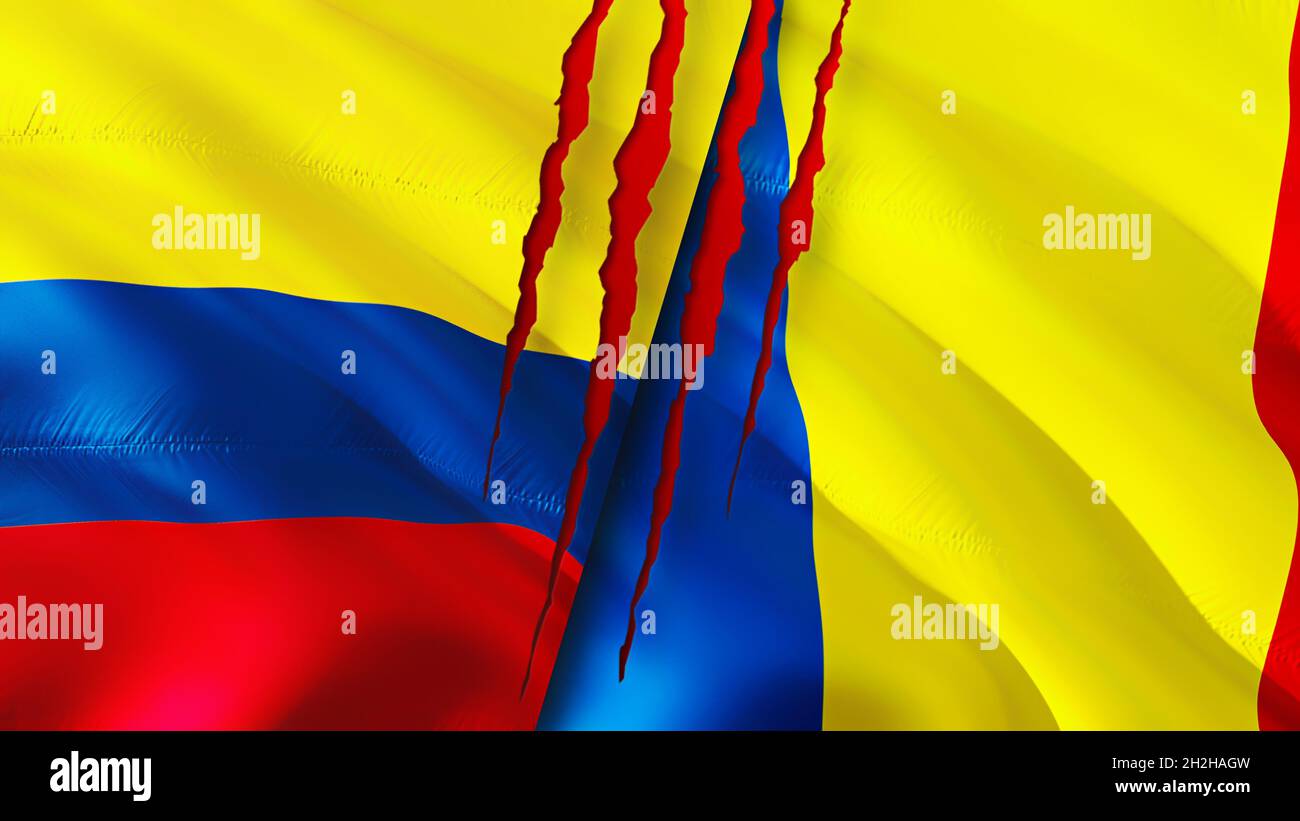 Colombia and Romania flags with scar concept. Waving flag 3D rendering ...