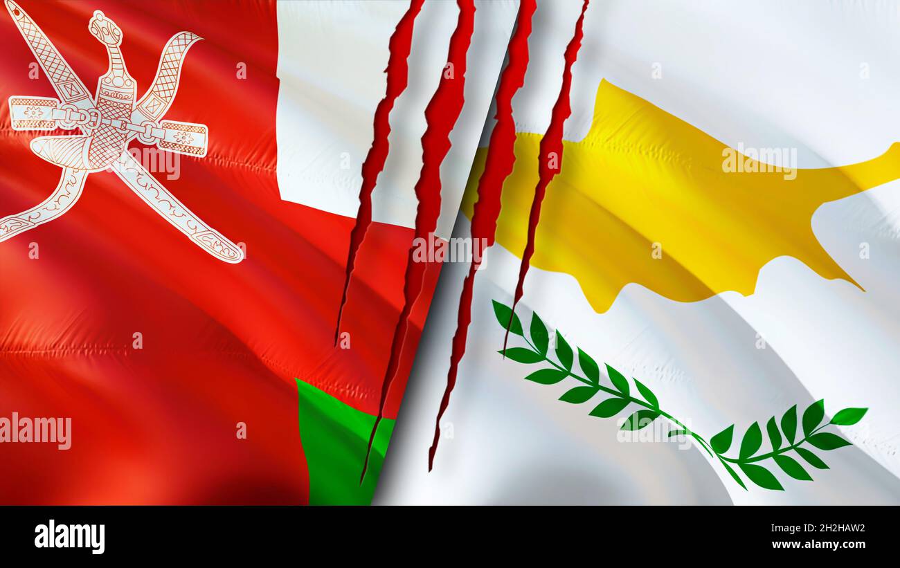Oman and Cyprus flags with scar concept. Waving flag,3D rendering ...