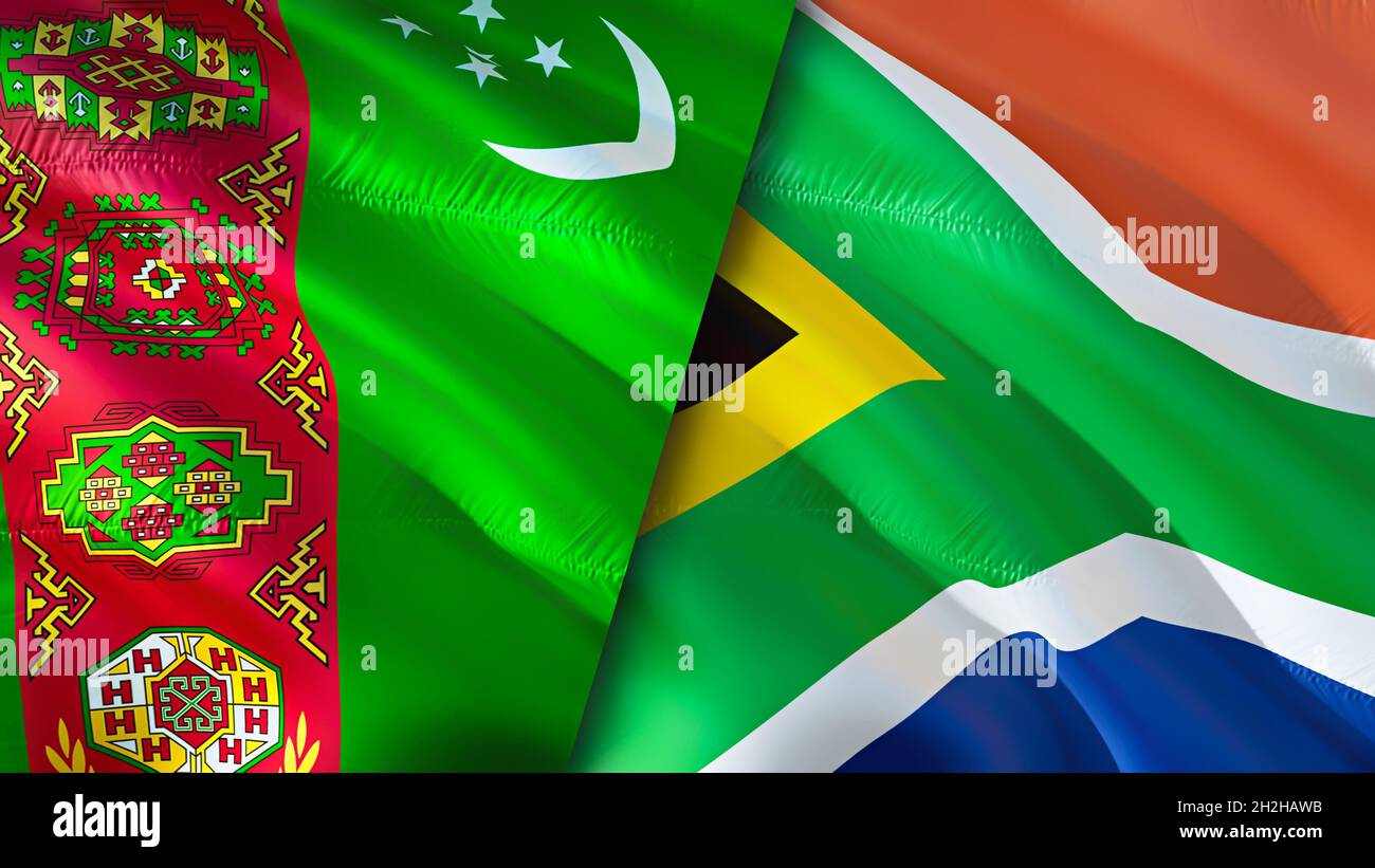 Turkmenistan and South Africa flags. 3D Waving flag design ...