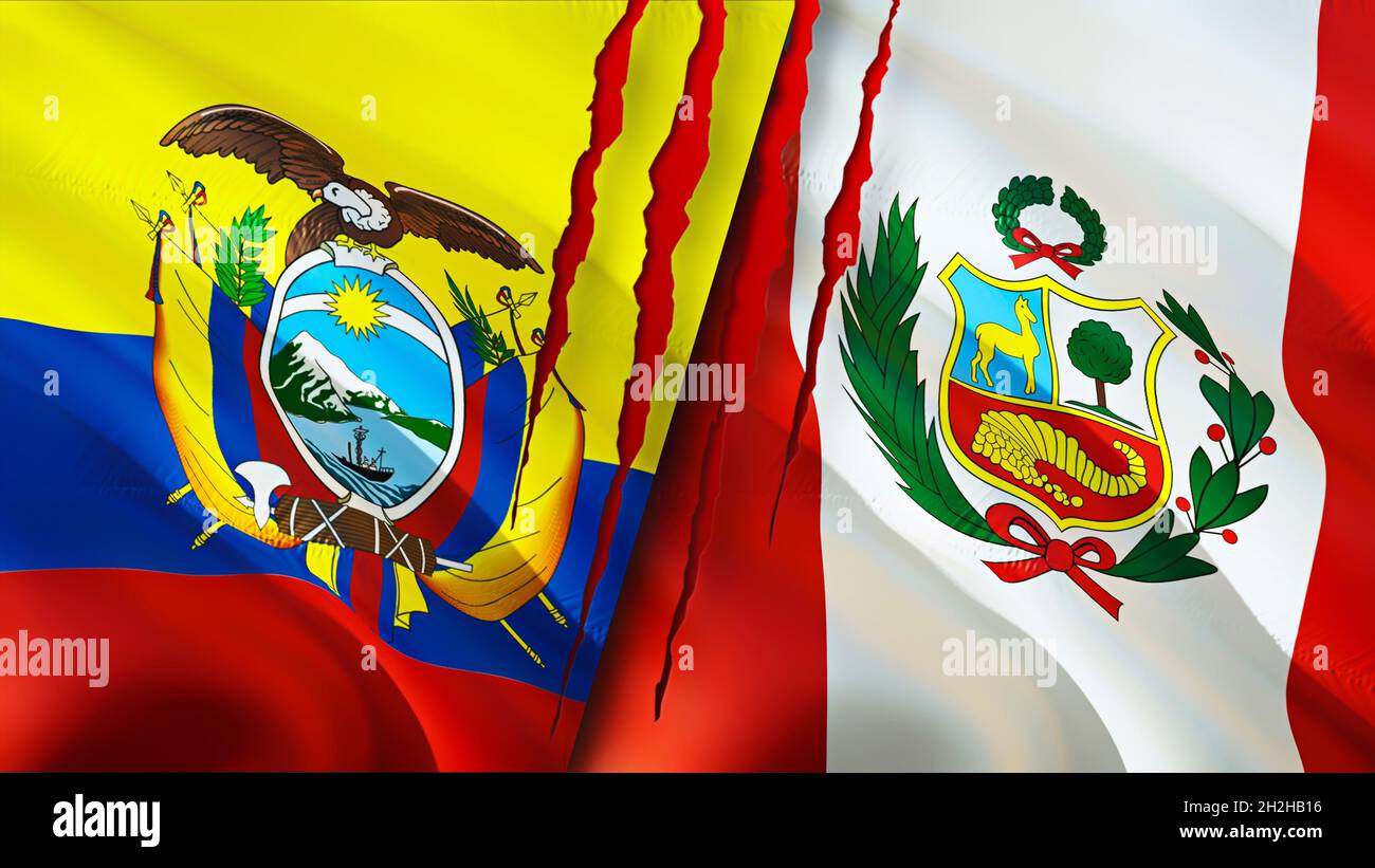 Ecuador and Peru flags with scar concept. Waving flag 3D rendering ...